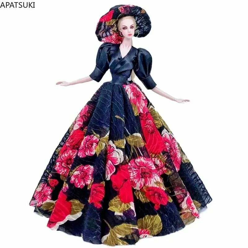 Черно-красное цветочное платье для одежды куклы Барби