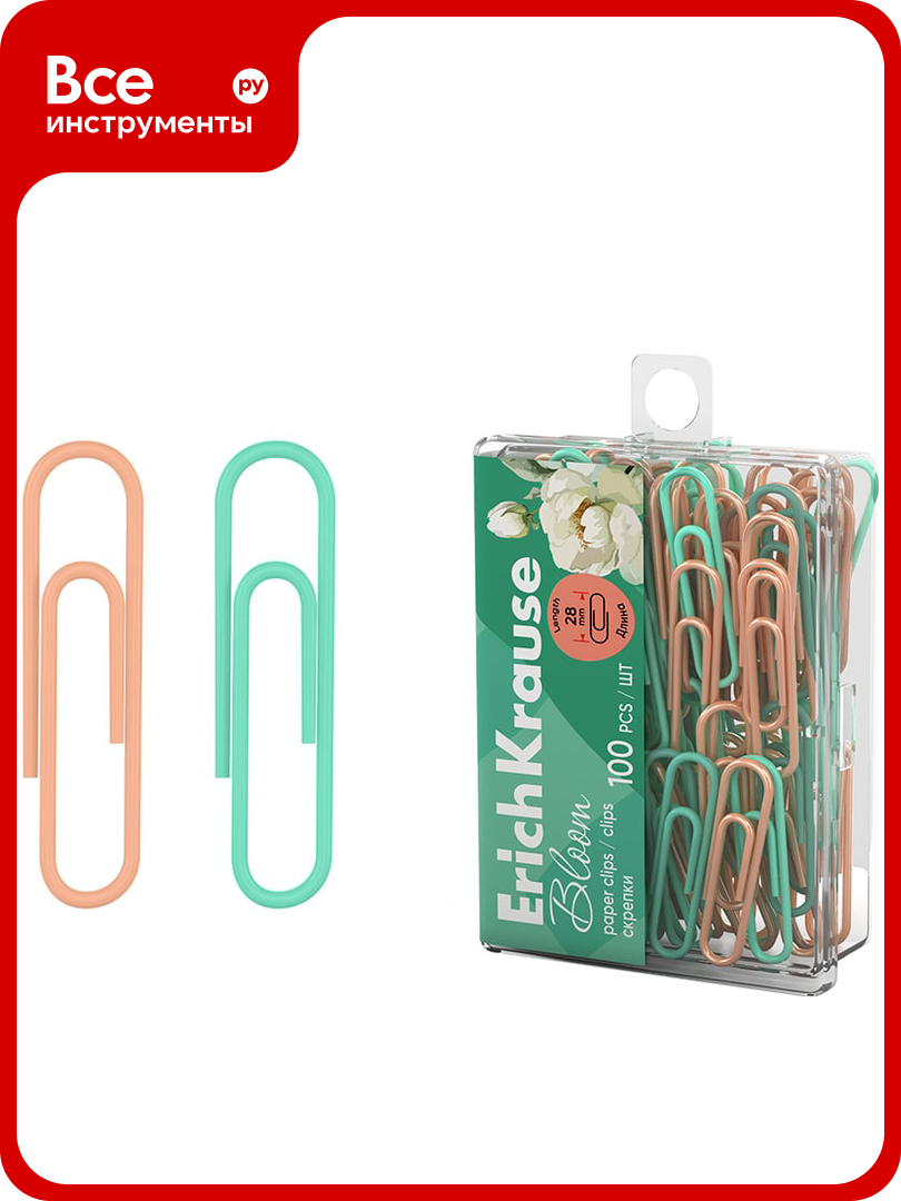 Металлические скрепки ErichKrause с виниловым покрытием Pastel Bloom, 28мм, ассорти ( в пластиковой коробке 100 шт.) 62051