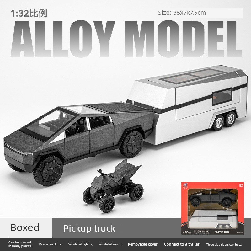 Модель Tesla Cybertruck из сплава для детей — подарок на день рождения, 1:24, набор с домом и мотоциклом