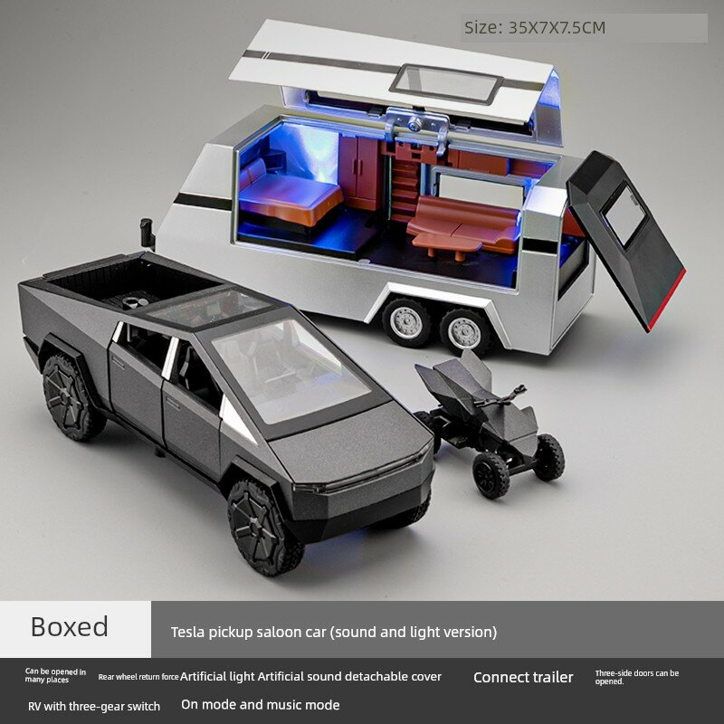Улучшенная модель Tesla Pickup Truck в сером цвете с подсвеченным прицепом и мотоциклом