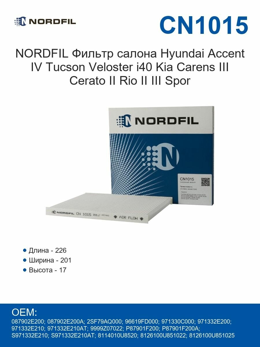 NORDFIL Фильтр салона Hyundai Accent IV Tucson Veloster i40 Kia Carens III Cerato II Rio II III Spor