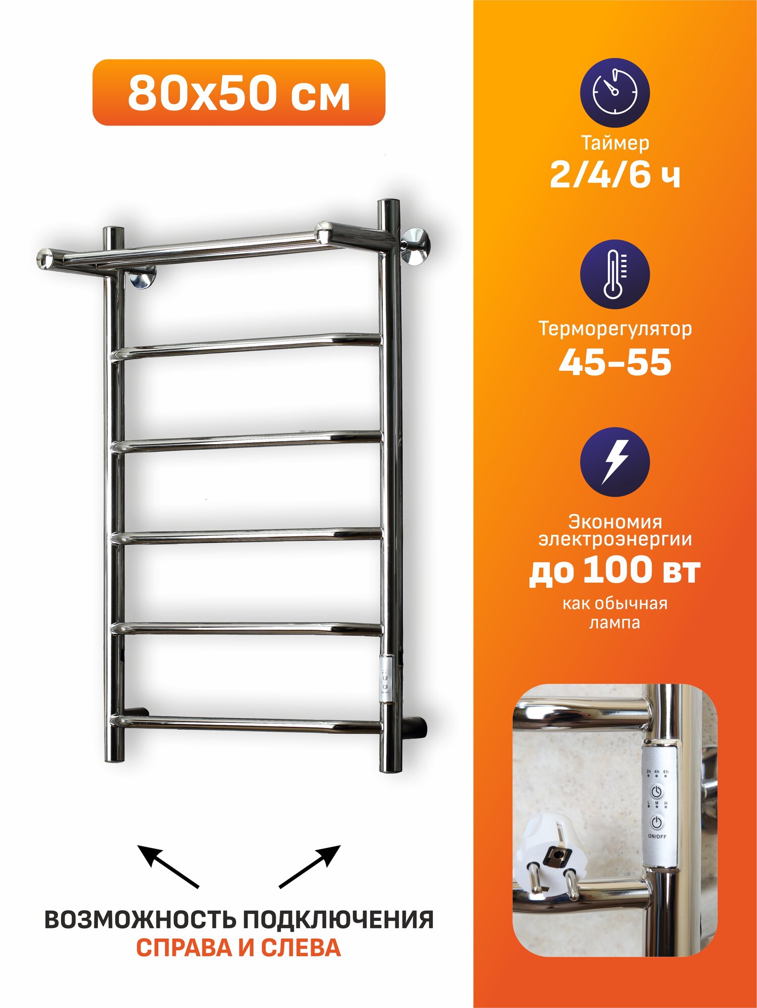 Электрический полотенцесушитель Тругор ПЭК6П сп 80х50 универсальный, с креплением, хром