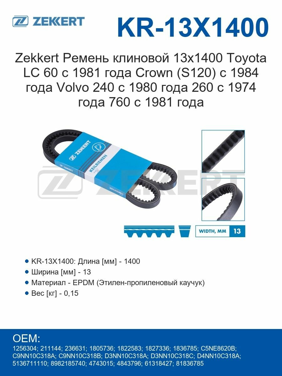 Zekkert Ремень клиновой 13x1400 Toyota LC 60 с 1981 года Crown (S120) с 1984 года Volvo 240 с 1980 года 260 с 1974 года 760 с 1981 года