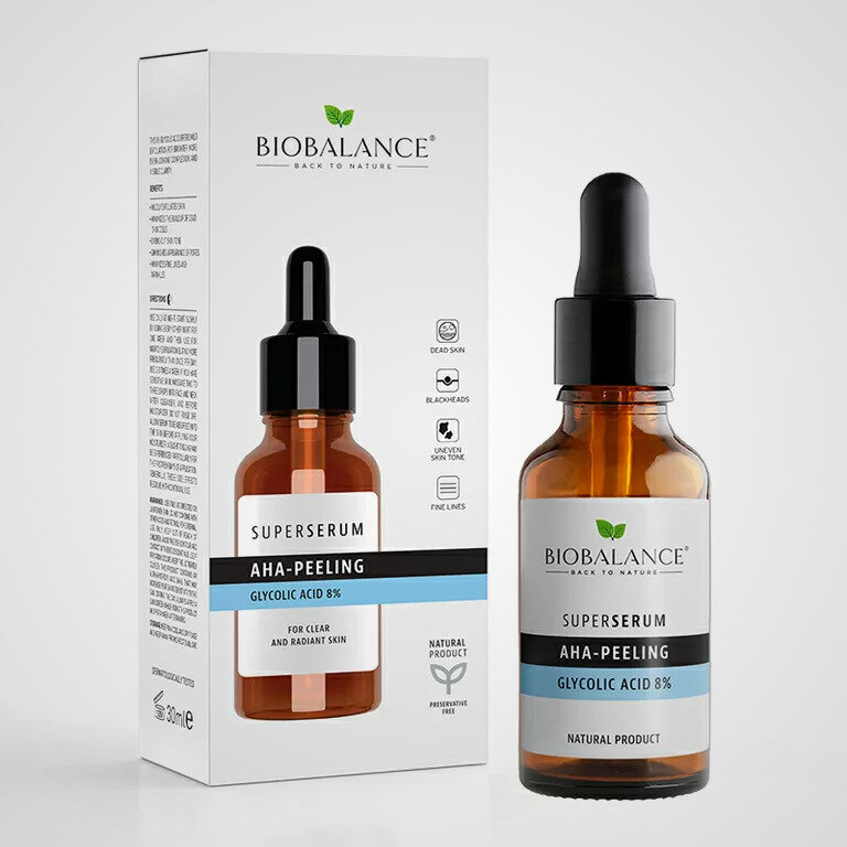 Сыворотка для лица с гликолевой кислотой 8% 30 мл BIOBALANCE SUPER SERUM AHA PEELING GLYCOLIC ACID 8% Сыворотка 30 мл