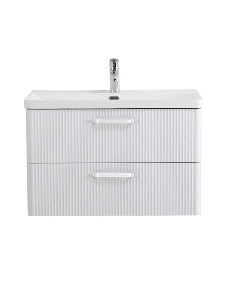 Тумба с раковиной BelBagno Due 80 подвесная, 81 см, белая, матовая, из МДФ, с ящиками, раковина для ванной, фаянсовая, прямоугольная