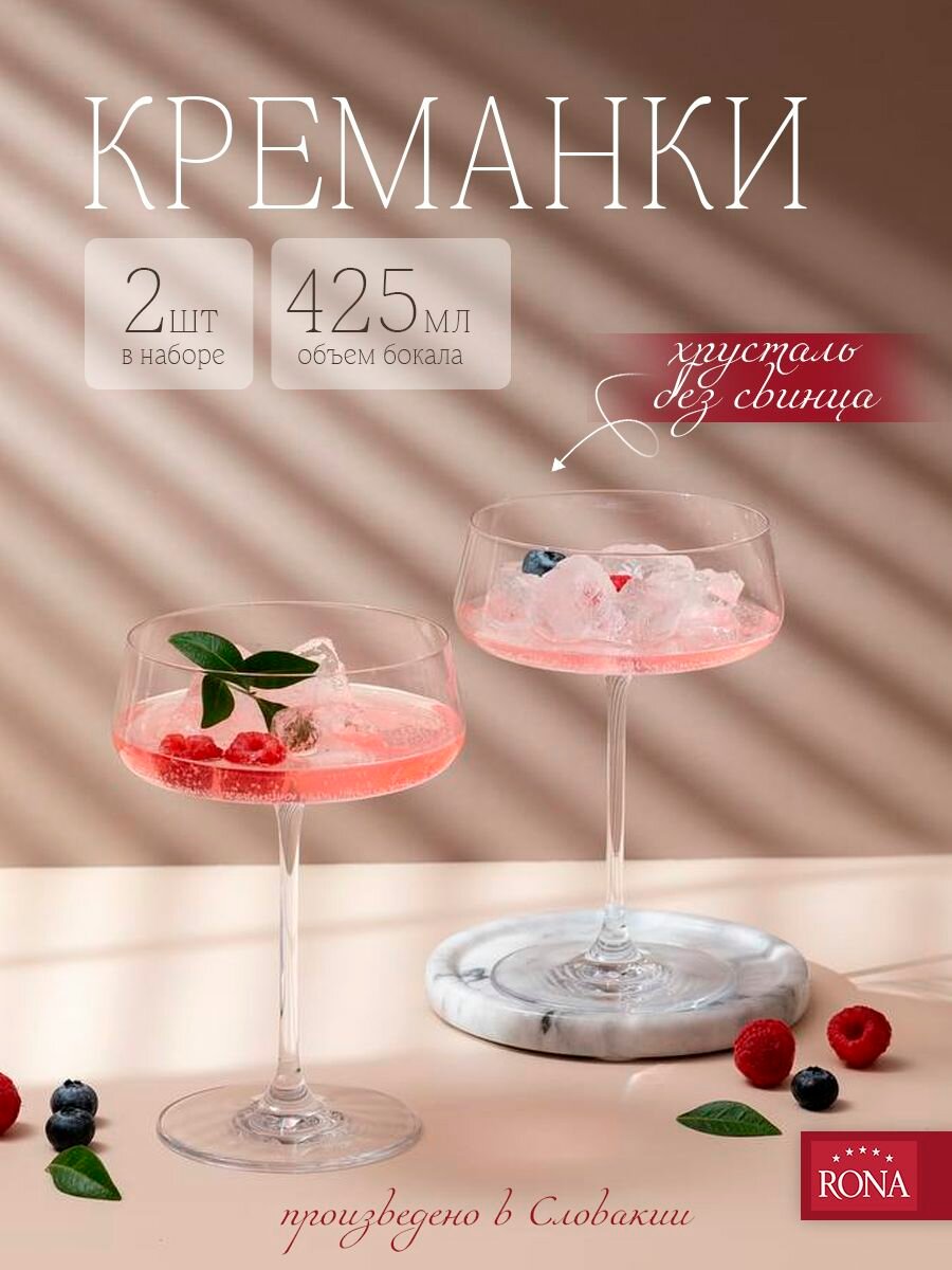 Rona Mode набор из 2 бокалов - креманок по 425 мл для шампанского и десертов, хрустальное стекло