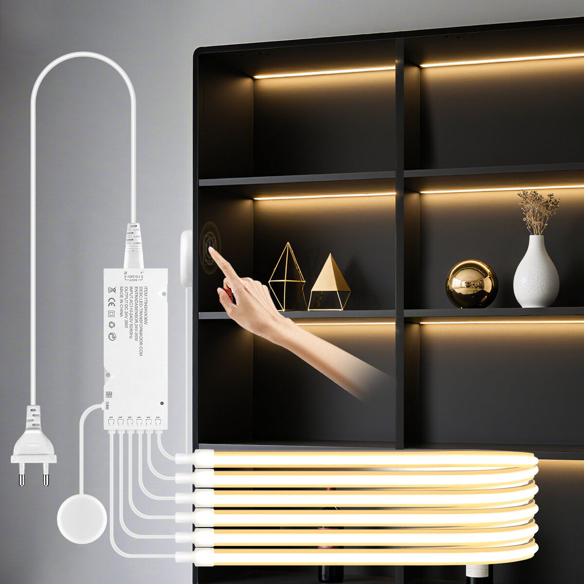 Светодиодная лента COB LED Strip Neon Tape с сенсорным датчиком регулировки яркости для шкафов, полок, витрин, акустических стеновых панелей и декора