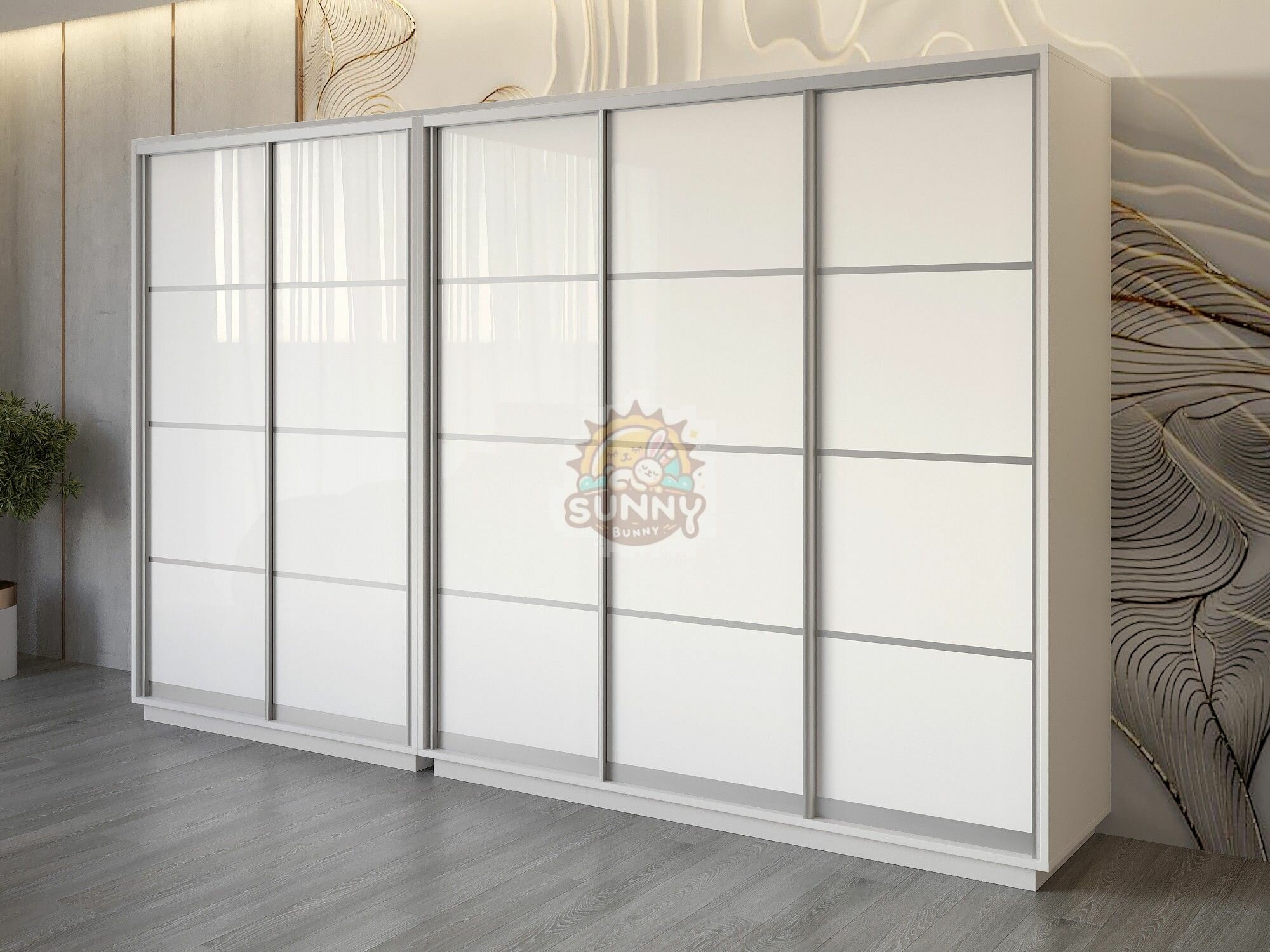 Шкаф-купе Флорида 5дв. (2+3) Стекло белое, профиль серебро, 300х60х220 см. Белый снег