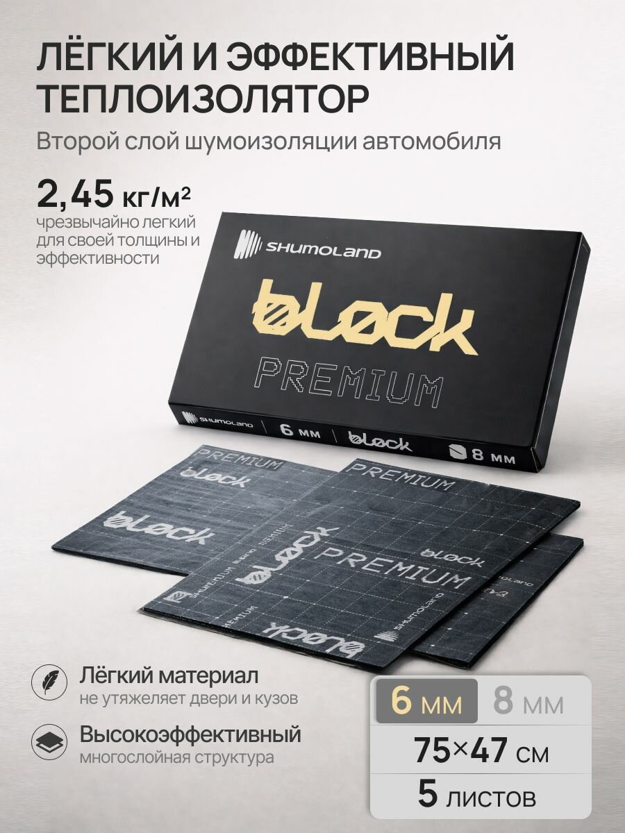 Шумоизоляция для авто Shumoland Block (75х47см, 6мм) - 5 листов, звукоизоляция и теплоизоляция авто самоклеющаяся