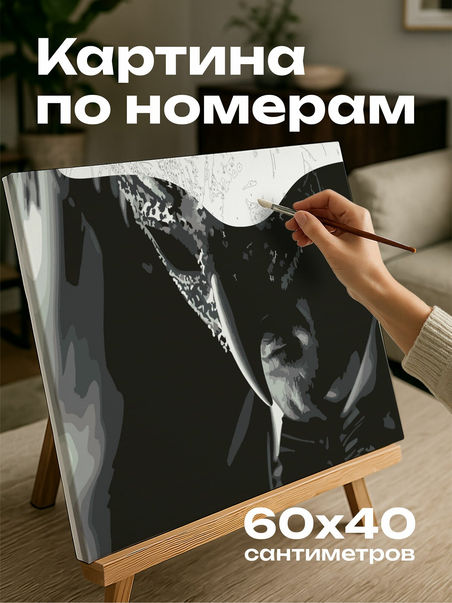 Картина по номерам 60x40 см, фотография, жених, маска птицы, взгляд, рисунок, черно-белые тона, свет, тень, наряд