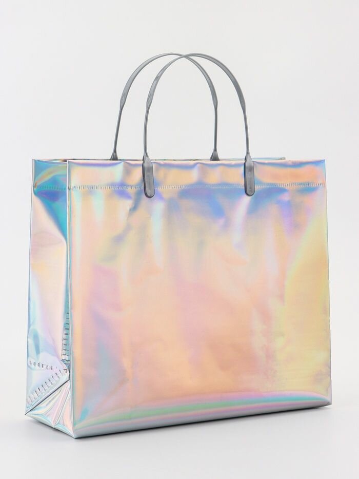 Пакет подарочный ПВХ, голография, серебро, пластиковая ручка, 26 22.5 10 см