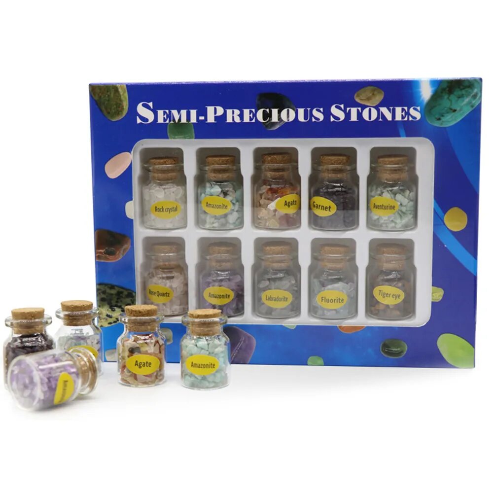Набор минералов в коробке (натуральный кристалл + бутылка с камнями) (10 бутылок смешанных минеральных образцов + учебные материалы)
