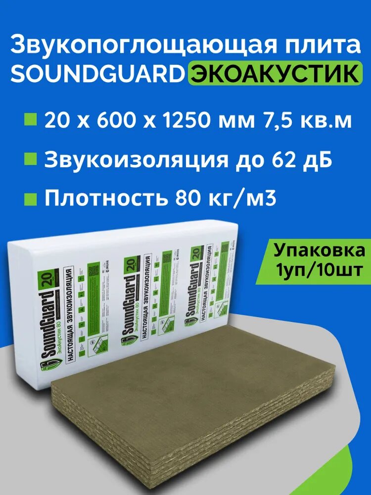 Плита звукопоглощающая SoundGuard ЭкоАкустик 80 20 х 600 х 1250 мм 7,5 кв. м, шт