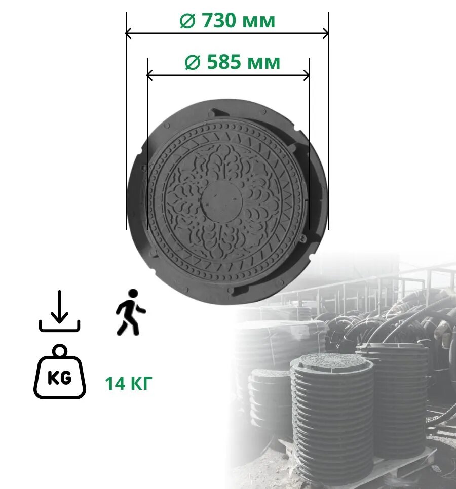 Люк для колодца газонный, цвет - черный (в пешеходную зону), канализационный