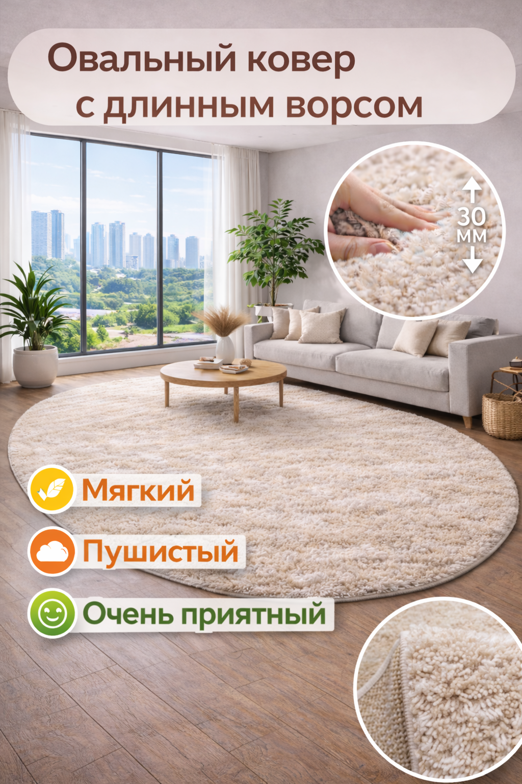 Ковер овальный серо-бежевый с длинным ворсом 30 мм Фьюжн 42315-48233 мягкий пушистый 1x2м