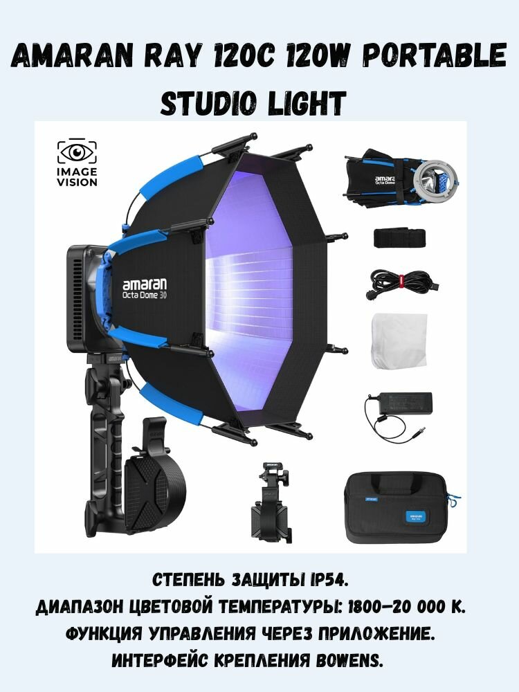Видеосветильник Amaran Ray 120c RGB, портативный студийный светильник 120 Вт IP54, CCT 1800 20 000 К, управление через приложение, крепление Bowens