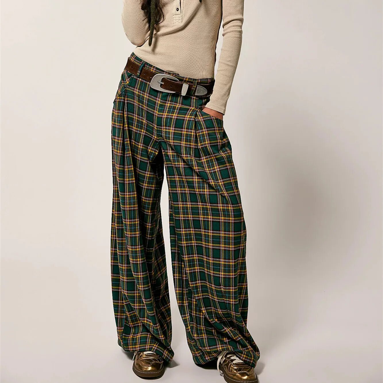 Hirigin Y2K клетчатые брюки из полиэстера для женщин L, C