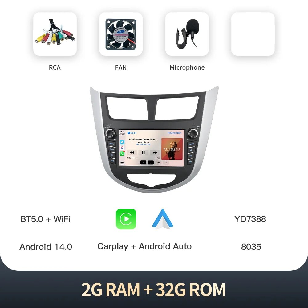 Автомагнитола Kingchange Android 14 7" 2 Din для Hyundai Solaris Accent 2010-2016 с 3326 2 32