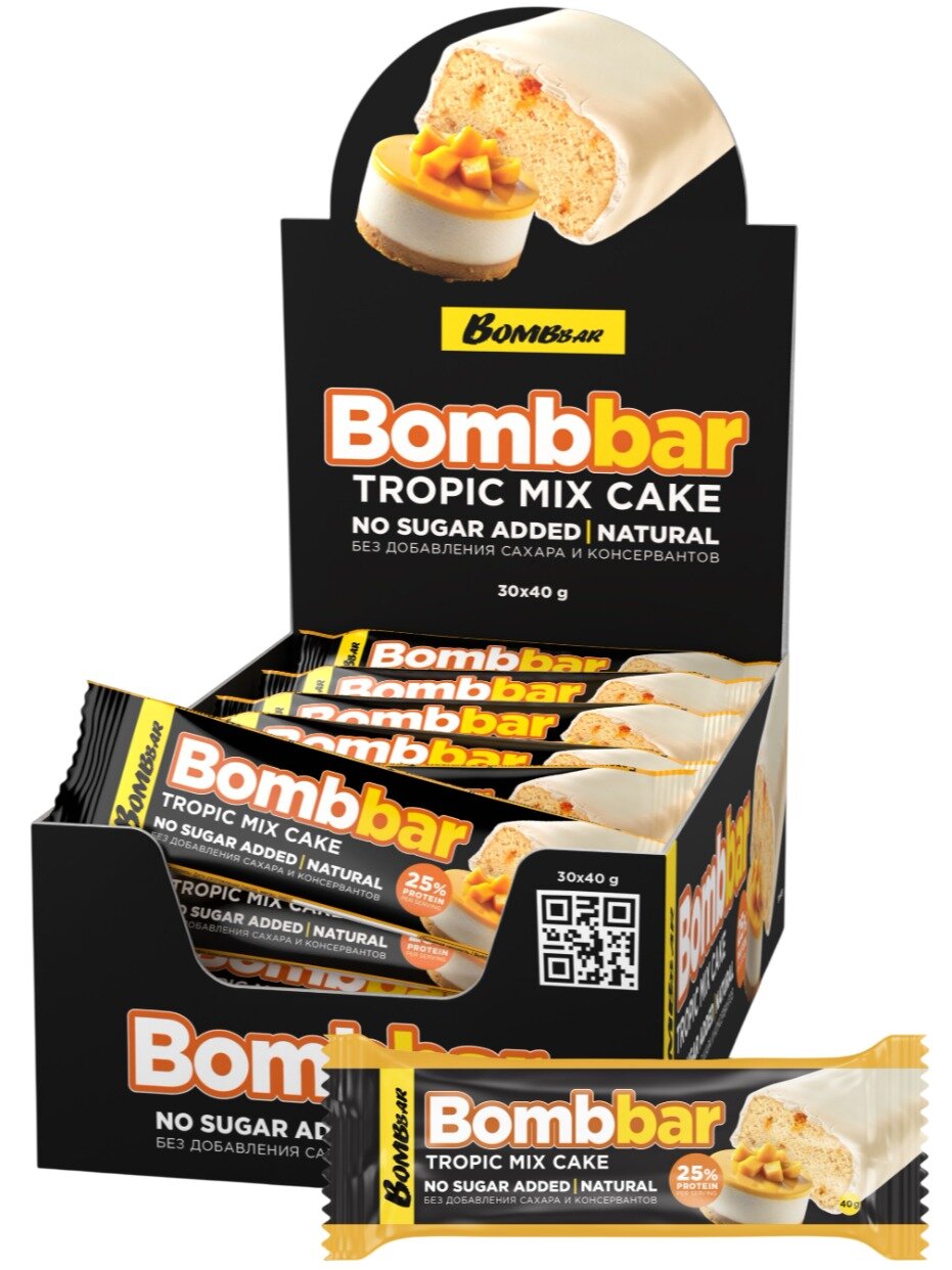 Протеиновый батончик BombBar Батончик в шоколаде без сахара 30 x 40 г, Торт - Тропический микс