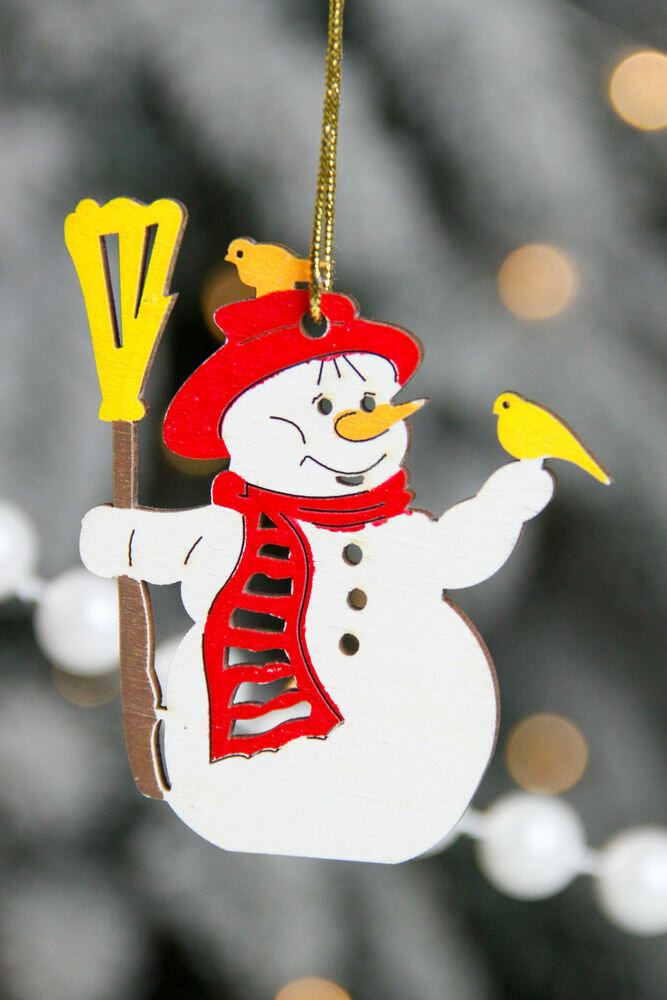 Ёлочная игрушка снеговичок С птичками, дерево, 6 см, Breitner 53-1107M