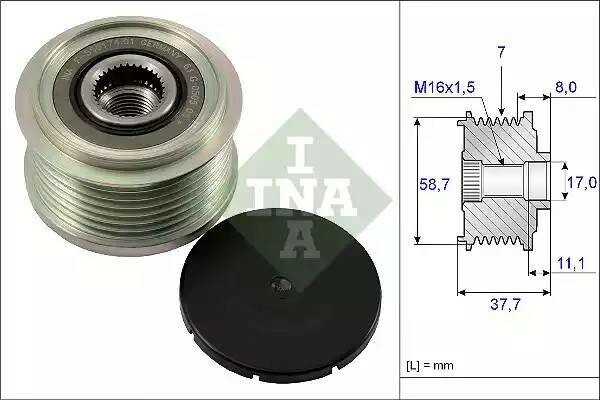Шкив генератора INA 535012810 Ford Transit, Land Rover Defender 2.4 Td 06->