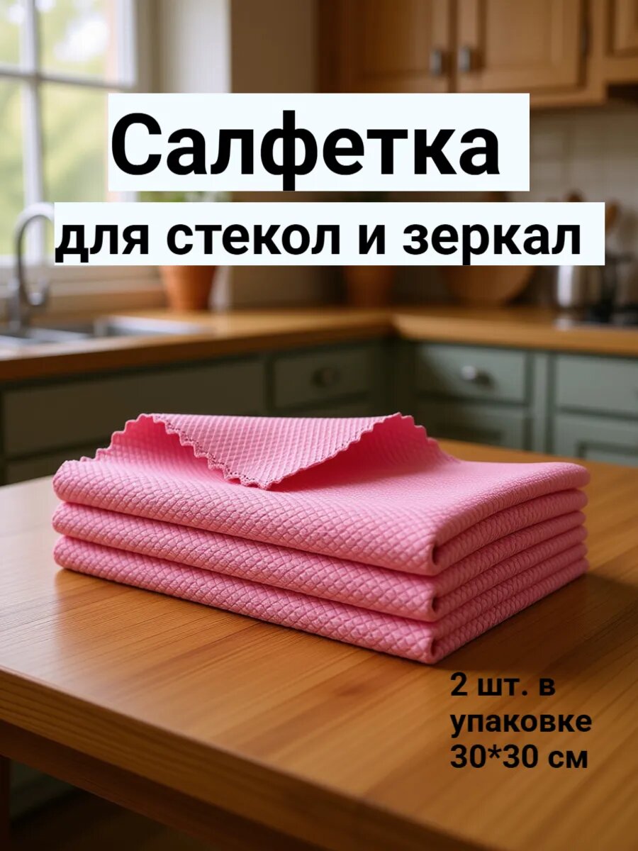 Салфетки из микрофибры, для стекол, зеркал, сантехники, мебели, 30x30 см, 2шт, розовые.
