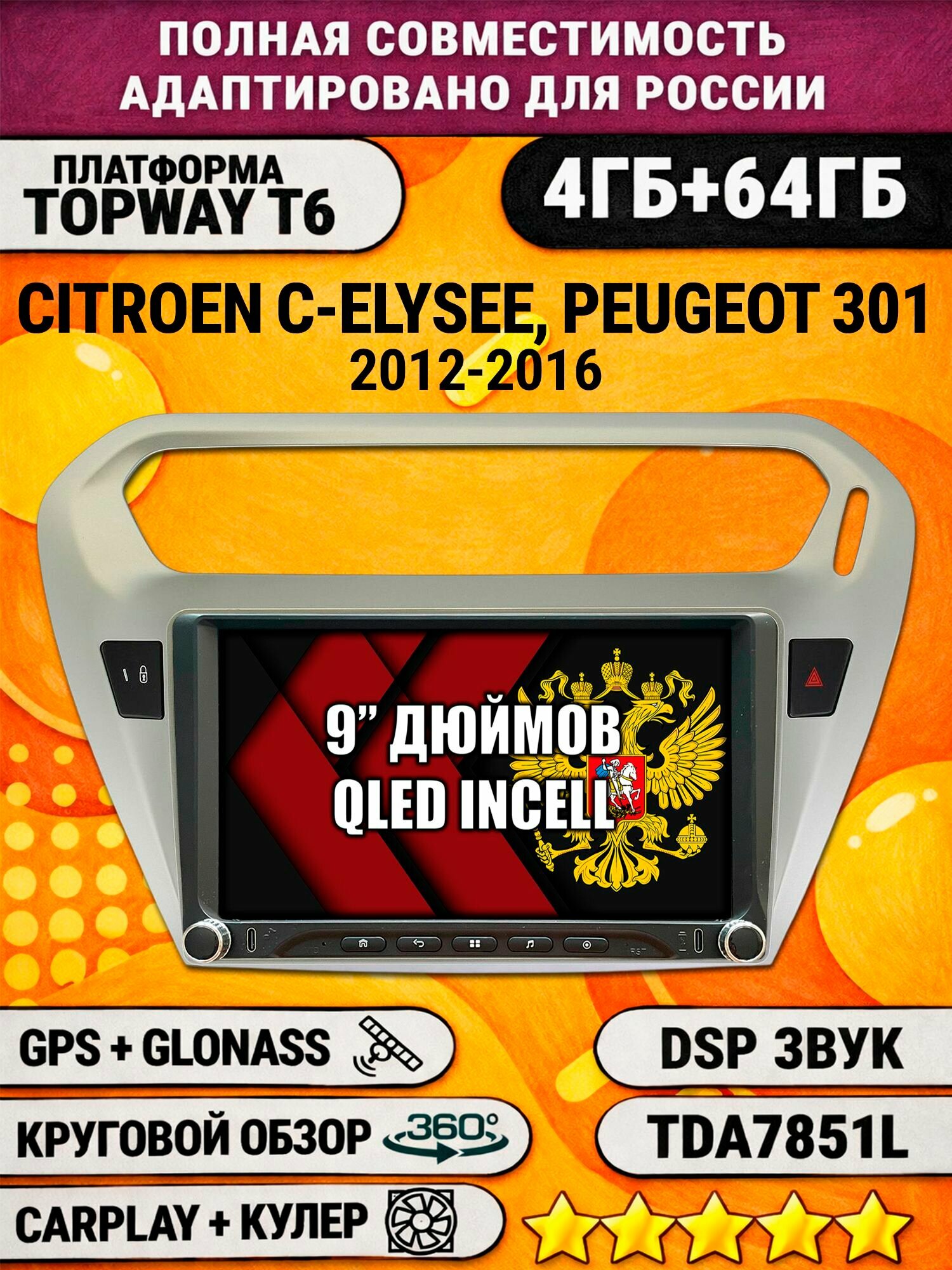 Штатная магнитола Андроид 9 для PEUGEOT 301, CITROEN C-ELYSEE (2012-2016), 4/64гб, DSP, 360 обзор, беспроводной CarPlay и Android Auto, GPS и ГЛОНАСС