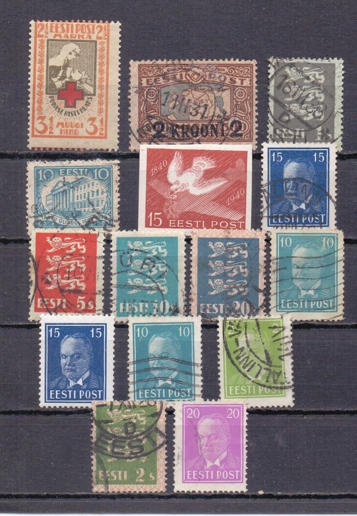 Марки почтовые Эстонии 1922 - 1940 год, Стандарты, редкие, в коллекцию. Набор 15 марок.