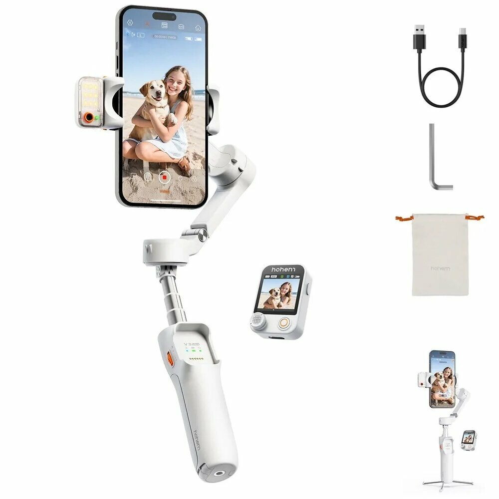 Стабилизатор Hohem iSteady V3 Ultra Gimbal для iPhone, 3-осевой стабилизатор для смартфона, магнитный ИИ-трекер, встроенная выдвижная штанга и штатив, для iPhone и Android (белый)
