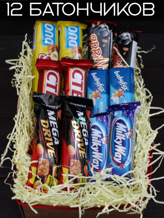 12 батончиков Степ, Sprint, Mega Drive, Nuts Duo и Babyfox