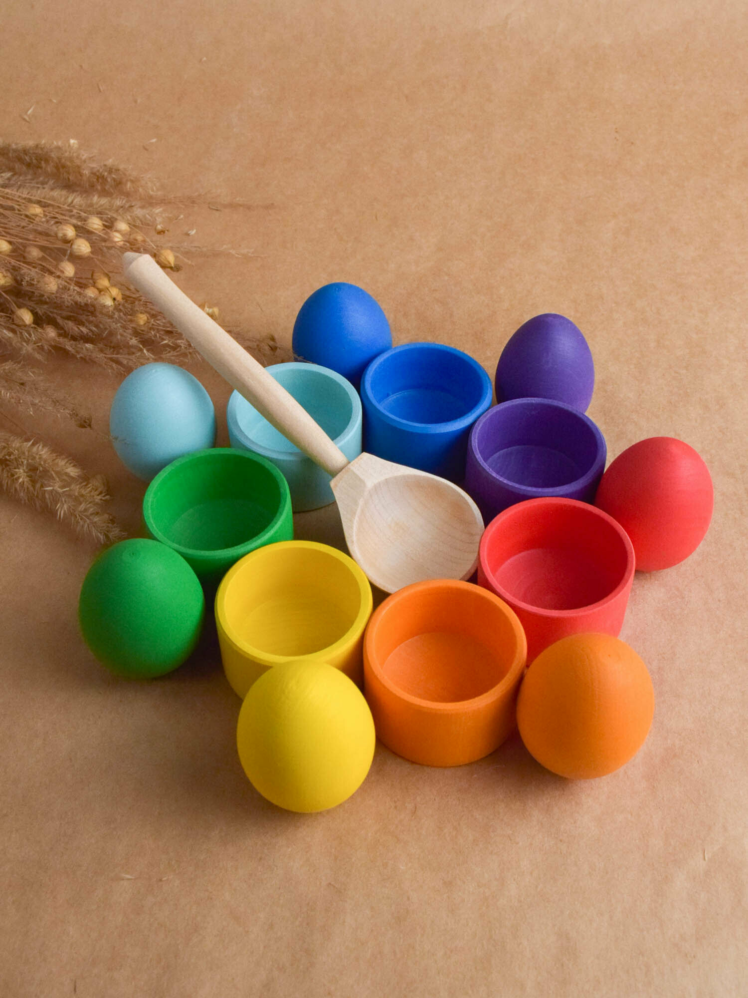 Сортер с Ложкой и Стаканчиками по Цветам Деревянный для Малышей
