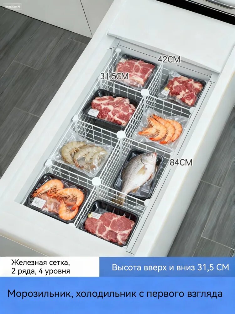 Металлический стеллаж-органайзер для морозилки, Разделитель продуктов 84x42x31.5 см для порядка в морозильной камере и витрине супермаркета.