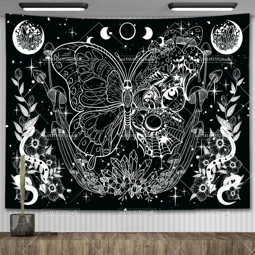 Гобелен на стену черный с бабочкой и цветами 230x180cm, AGT8711