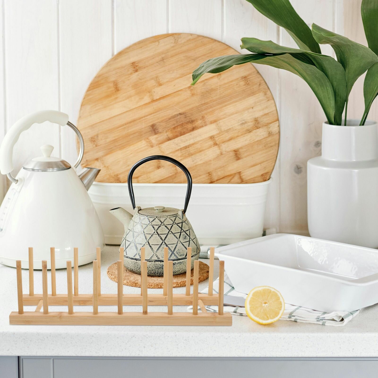 Компактная бамбуковая сушилка для тарелок и чашек с 8 отделениями для хранения посуды на кухне