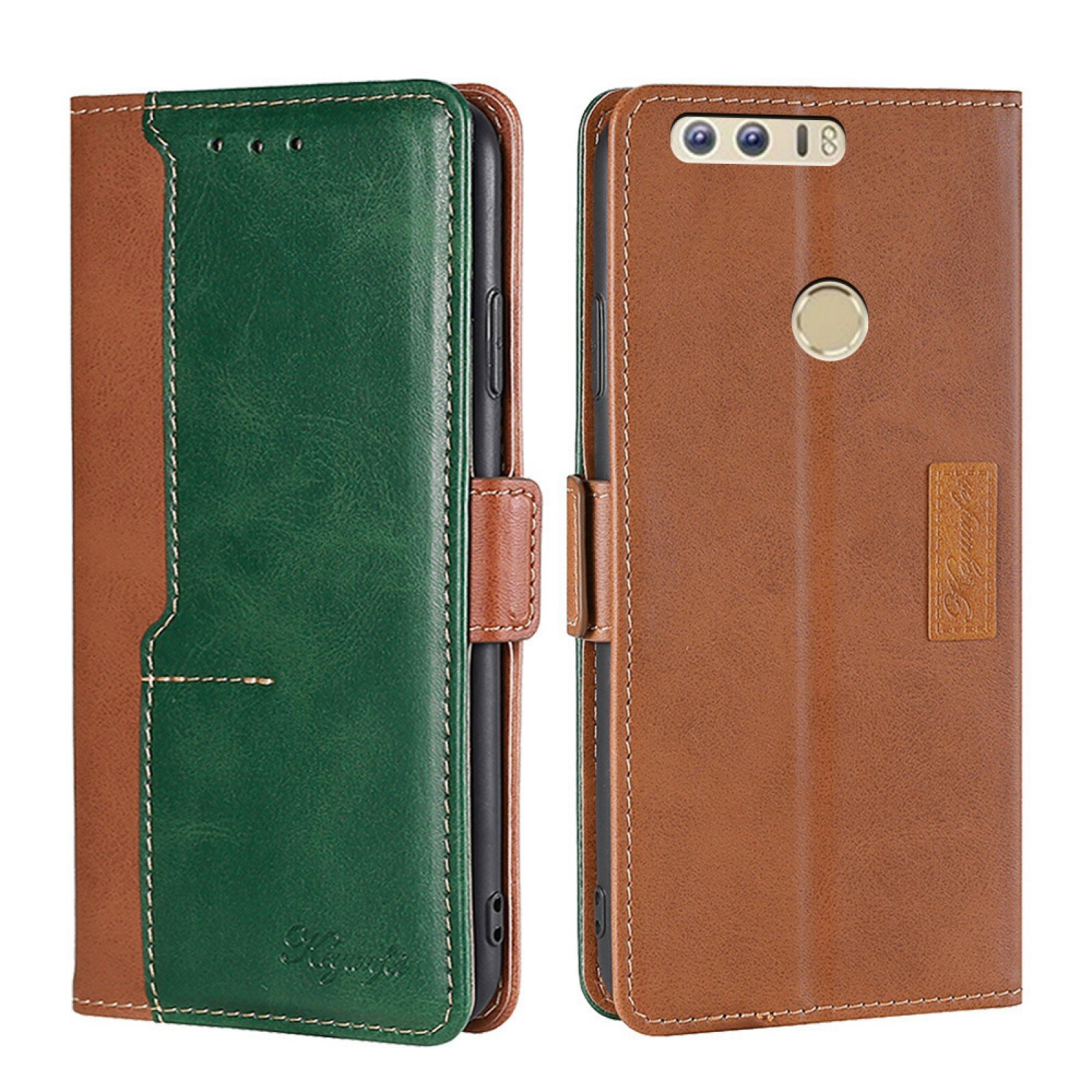 Чехол-книжка MyPads для Honor 8 зеленый и коричневый из искусственной кожи с кармашком и магнитным креплением