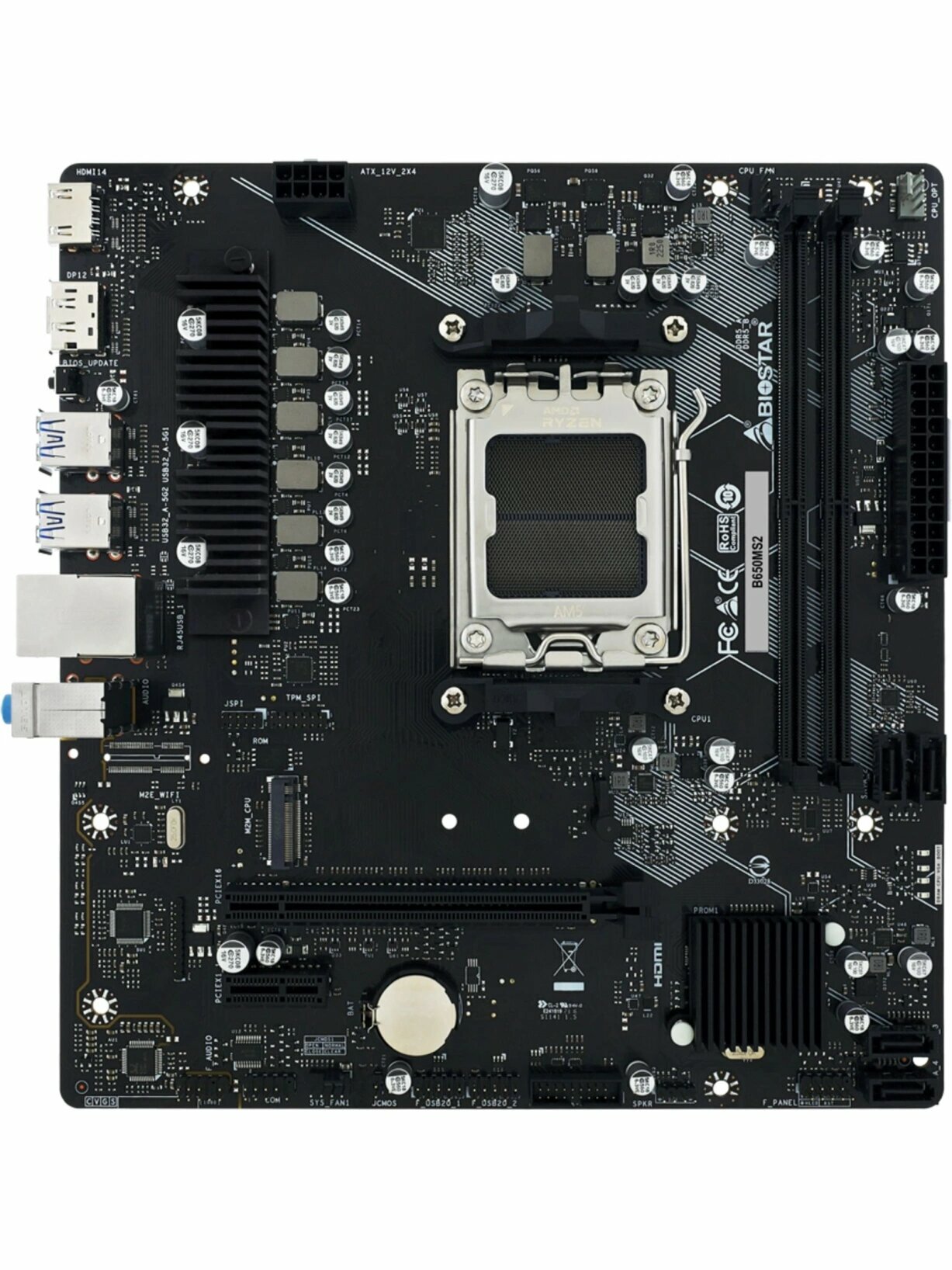 Материнская плата BIOSTAR B650MS2-E Socket AM5 AMD B650 mATX DDR5 2 слота PCI-E 4.0 M.2 NVMe 2.5G LAN — фото 1
