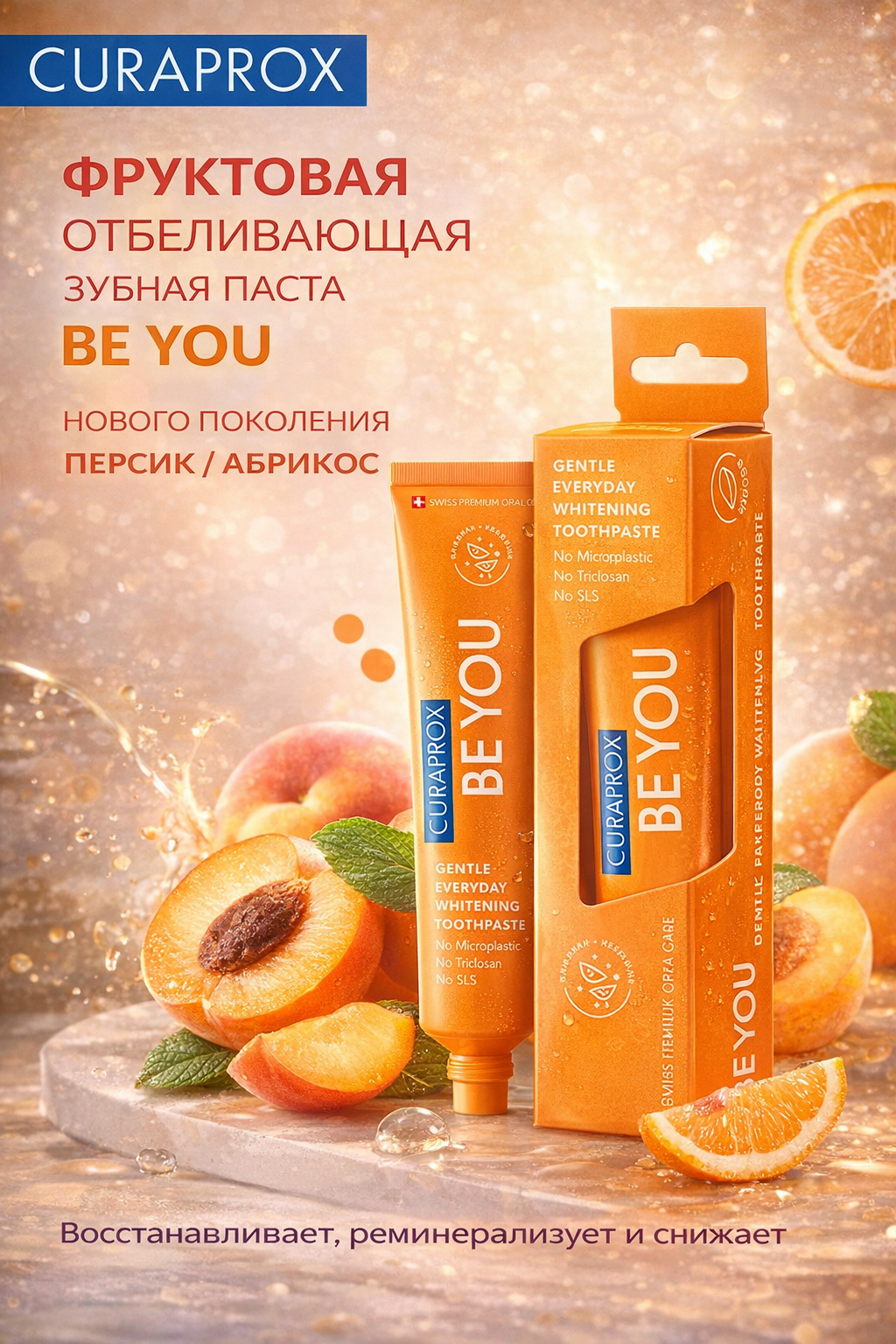 Зубная паста Be You 60 мл с фтором 950 ppm и ксилитом, персик и абрикос