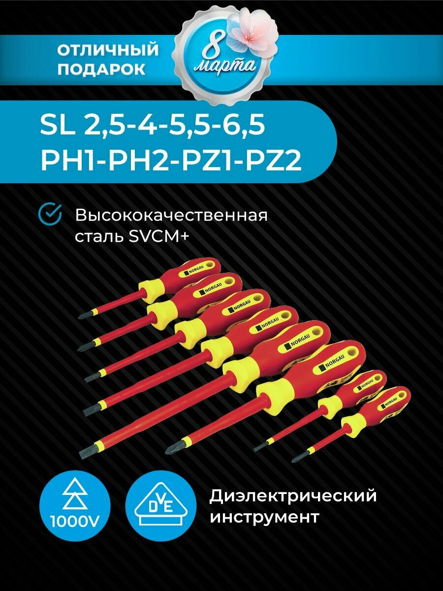 Набор диэлектрических отверток NORGAU Industrial из SVCM+ стали с двухкомпонентной рукояткой и магнитным жалом, 1000 V, 8 шт