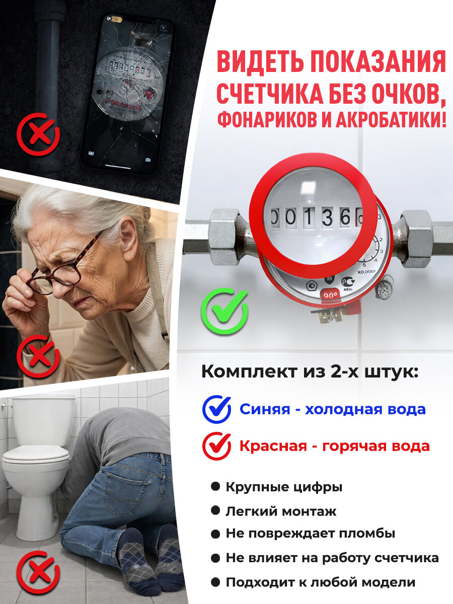 Линзы-увеличители для счётчиков горячей и холодной воды комплект 2 шт