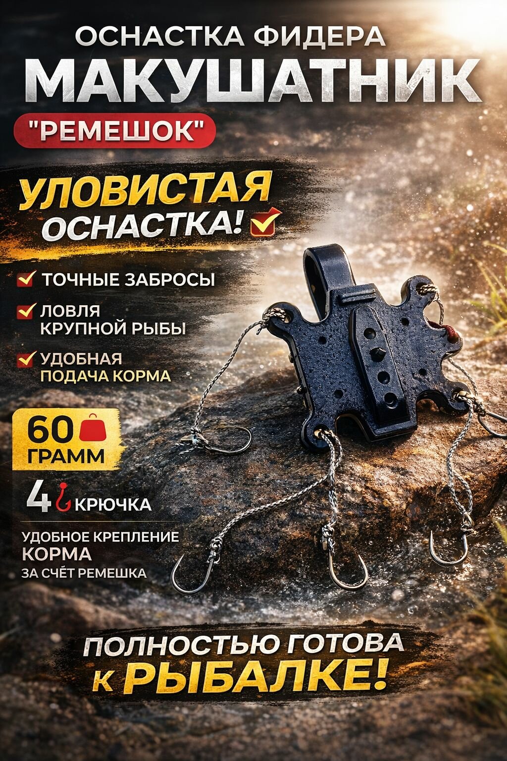 Макушатник с ремешком 60 грамм и 4 крючками готовая фидерная снасть для рыбалки , Оснастка для карпа, сазана и крупной рыбы
