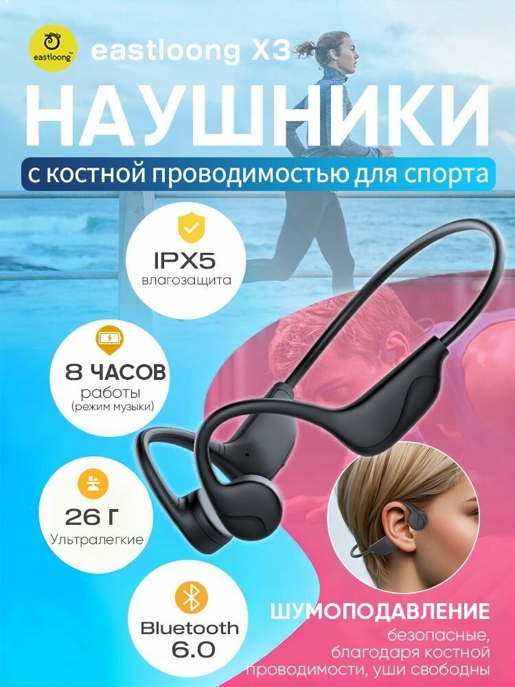 Бестселлер среди спортивных наушников костной проводимости eastloong X3 с Bluetooth 6.0, титановой дужкой, защитой IPX5 и автономностью 8 часов