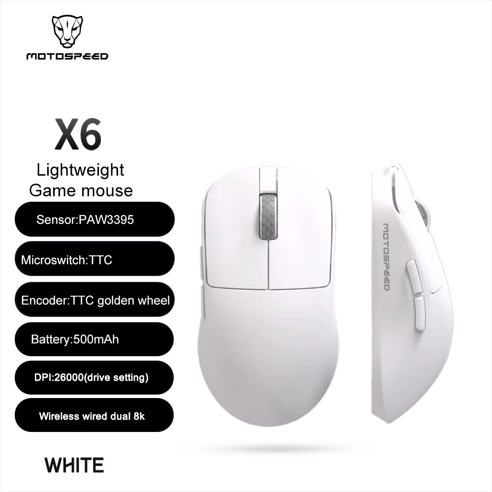 Беспроводная игровая мышь Motospeed X6 White, Sensor: PAW3395