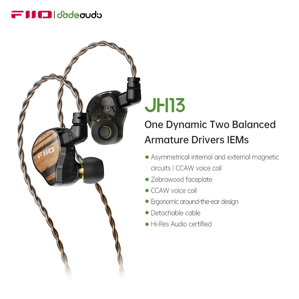 FiiO JH13 Проводные наушники-вкладыши с гибридным IEMS-кабелем Dynamic+ 2 BA Driver и съемным разъемом HIFI 3,5 мм