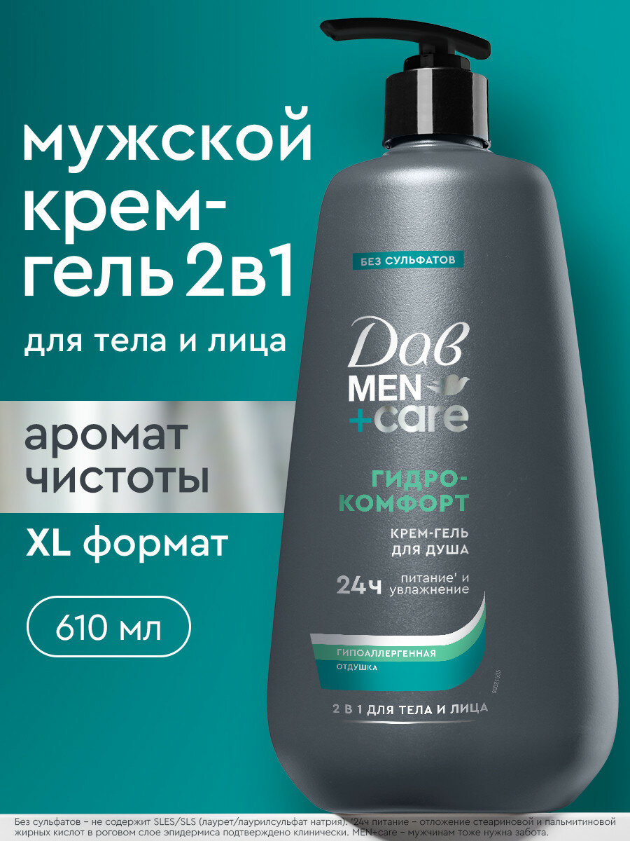 Крем-гель для душа Дав men+care Мужской парфюмированный, бессульфатный очищающий для умывания лица и тела 2в1, 610 мл