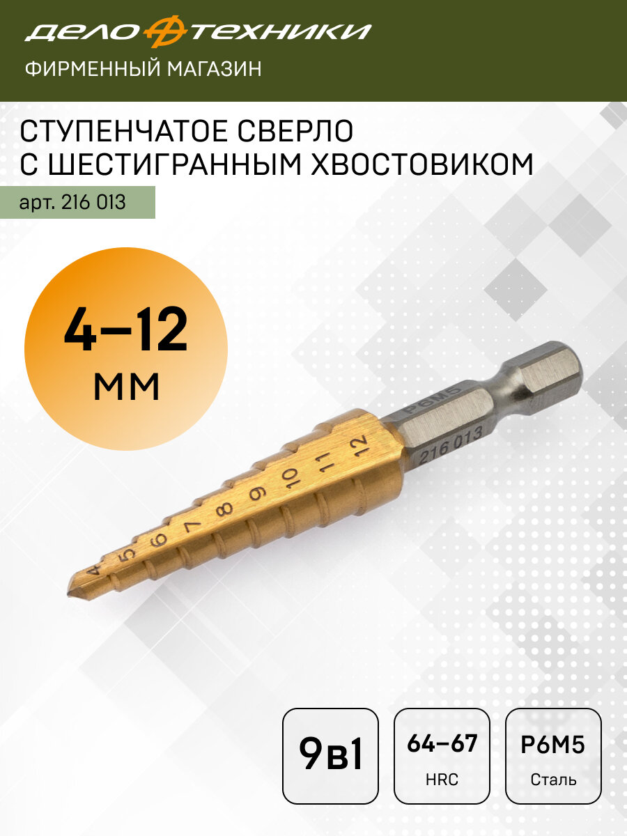 Сверло ступенчатое по металлу Дело Техники с шестигранным хвостовиком Ø4-12мм, 216013