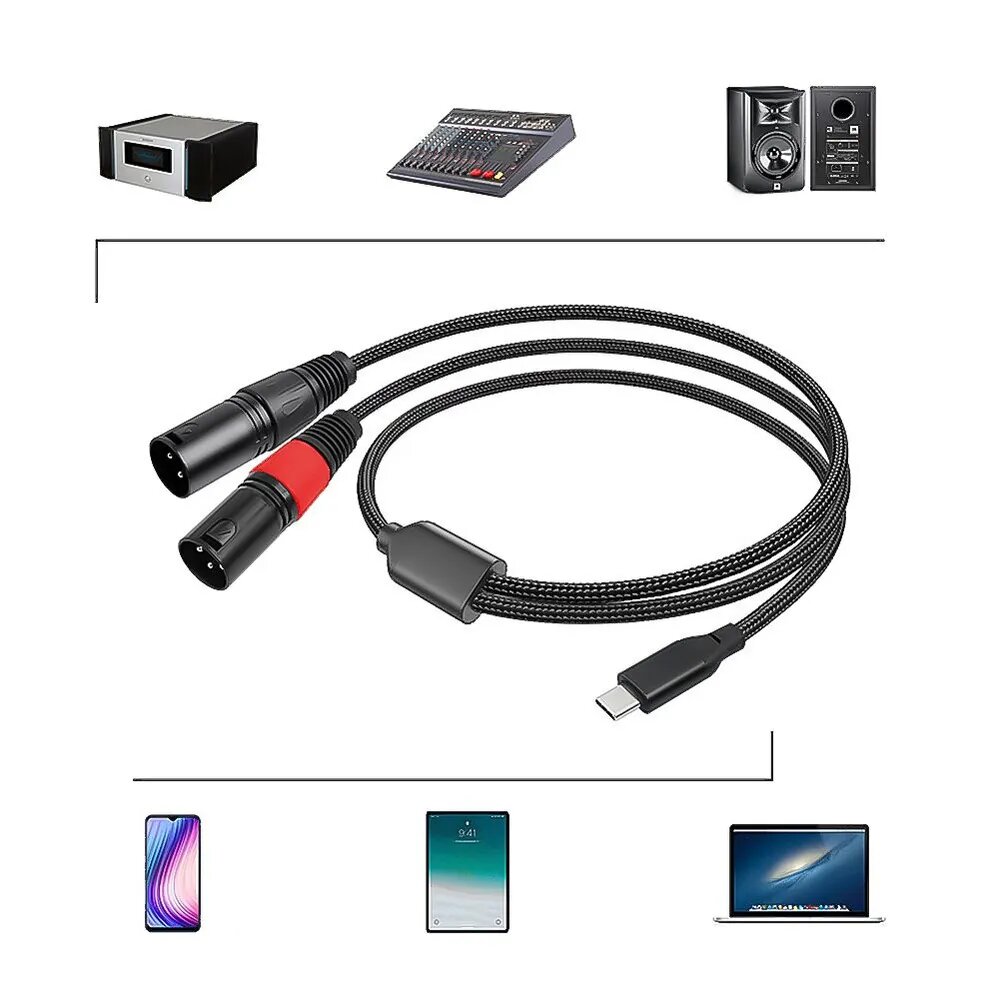 Аудиокабель USB Type-C на XLR, 2 м, черный, для студийной записи