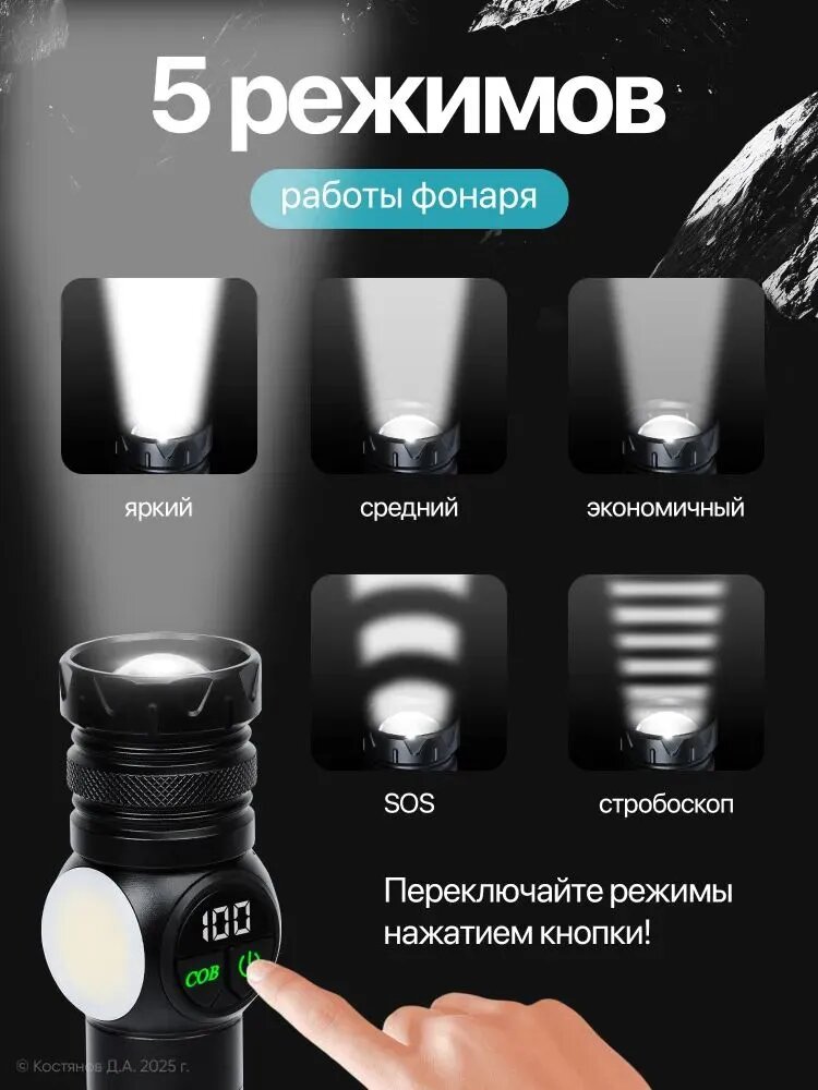 Фонарь ручной лазерный сверхмощный с дальностью 5000м, АКБ 26650, 3000 mAh, 9 режимов работы — фото 1