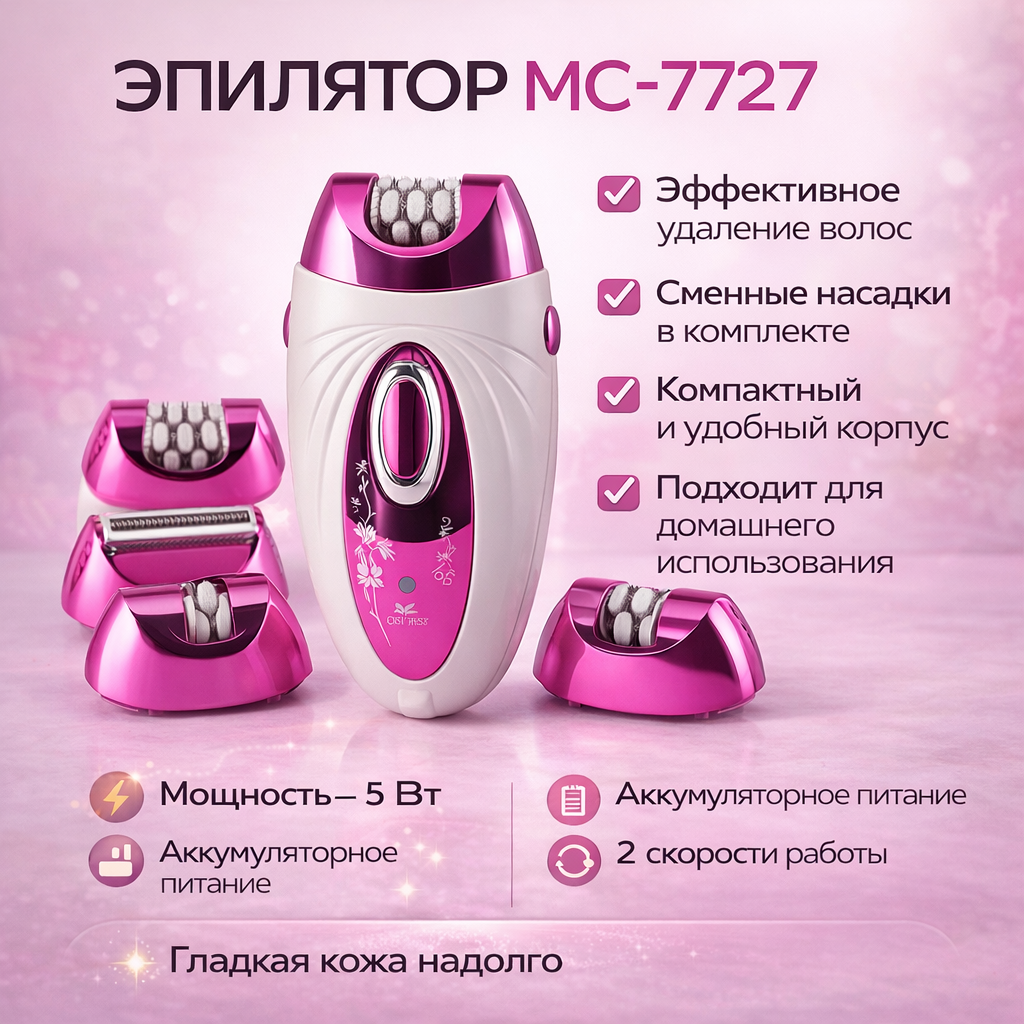 Эпилятор MC-7727 с насадками для удаления волос, аккумуляторный, розовый — ProgTech