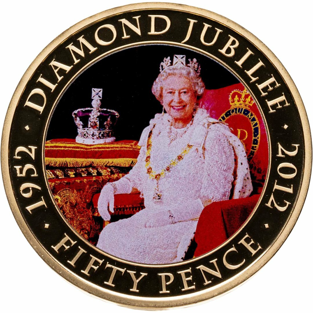 Джерси 50 пенсов 2011 "60 лет коронации Королевы Елизаветы II /Елизавета II в короне в платье на троне/", Сталь, в сохранности BUNC