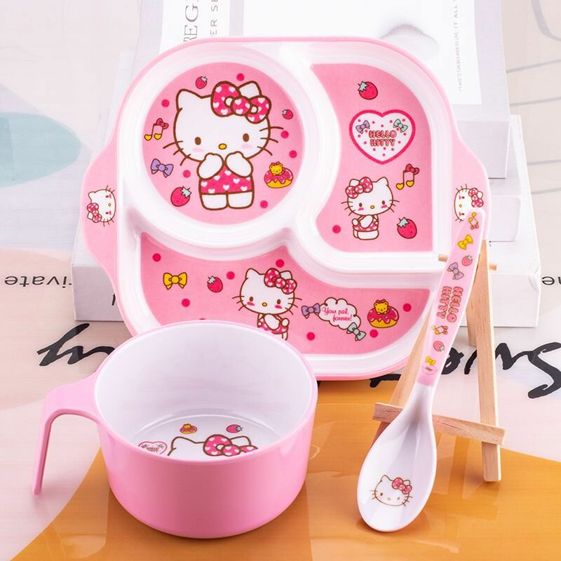 Миска для детей с мультяшным рисунком, посуда Hello Kitty, детская тарелка с защитой от падения, милая миска для еды, детская кружка для воды.